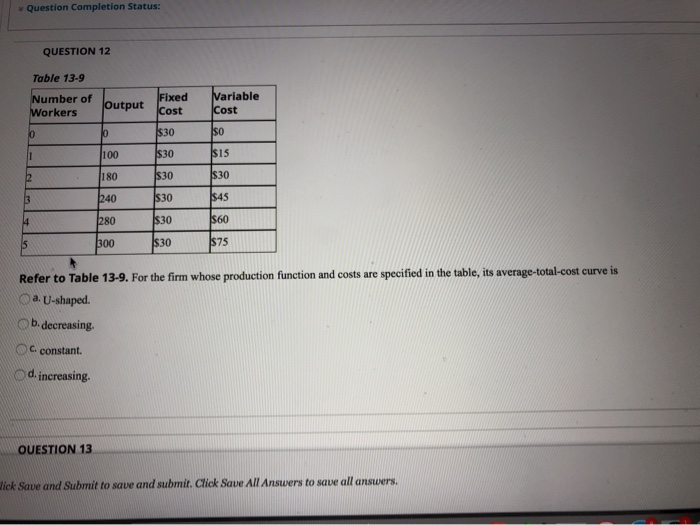 Solved Question Completion Status: QUESTION 12 Table 13-9 | Chegg.com Solved Question Completion Status: QUESTION 12 Table 13-9 | Chegg.com