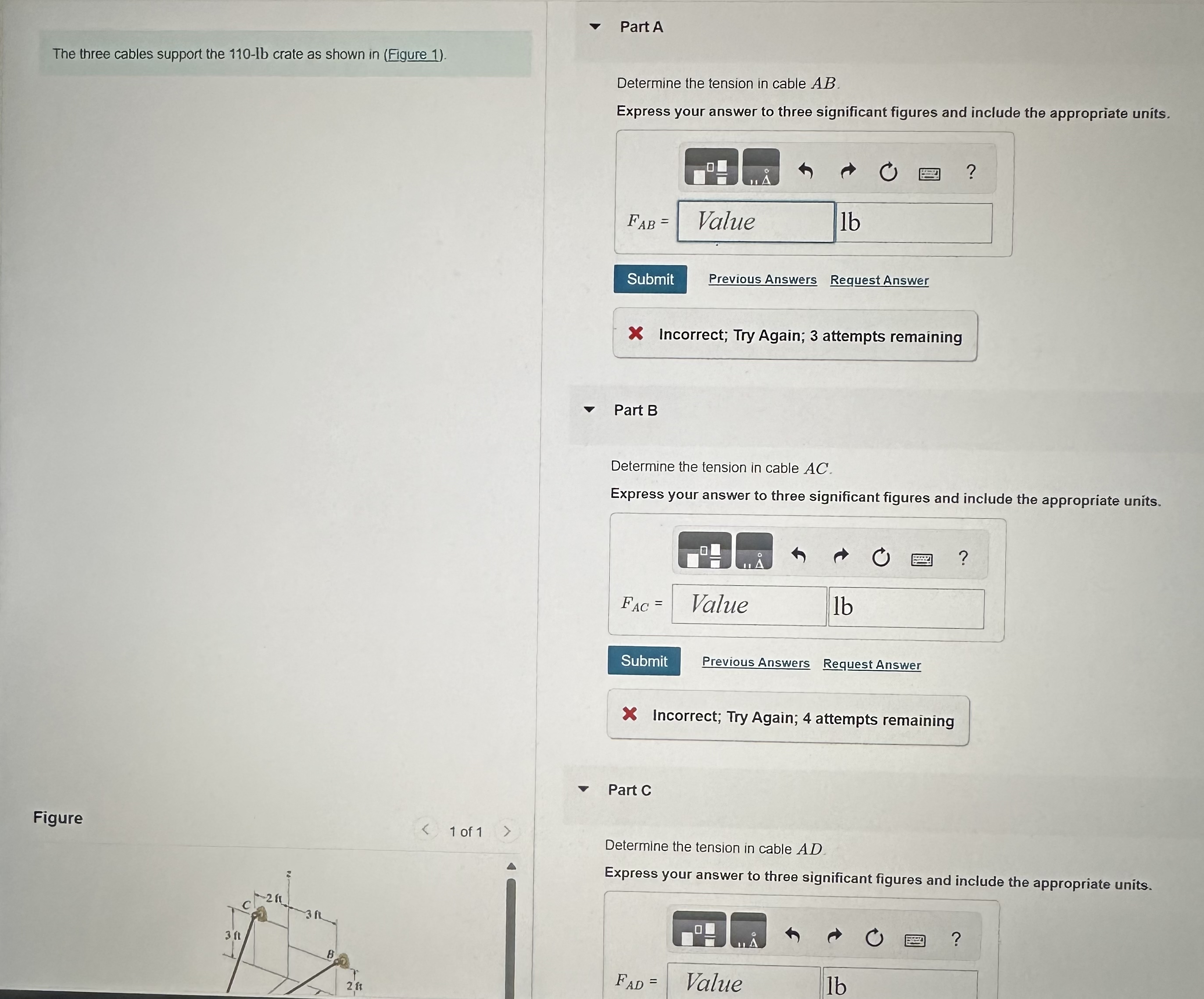 Solved Part AThe three cables support the 110 -lb crate as | Chegg.com