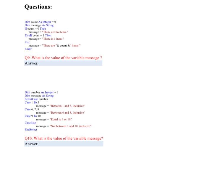 Solved Questions: Dim count As Integer = 0 Dim message As | Chegg.com