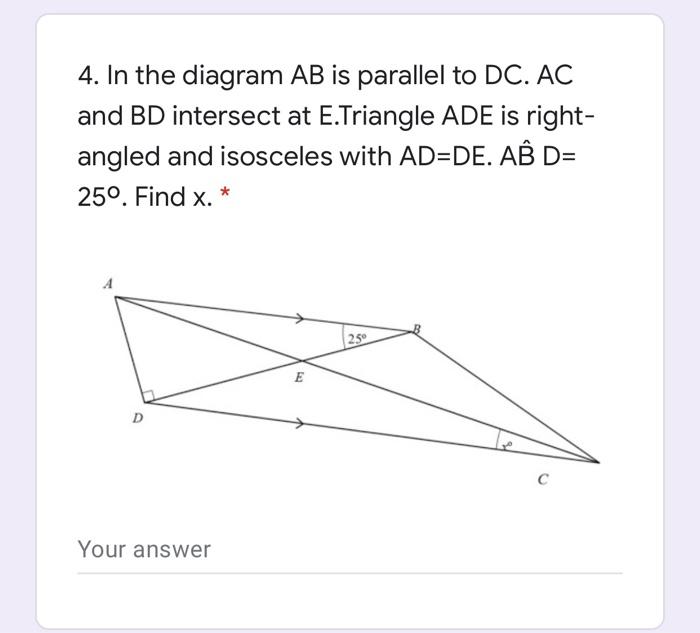 Solved 4. In the diagram AB is parallel to DC. AC and BD | Chegg.com