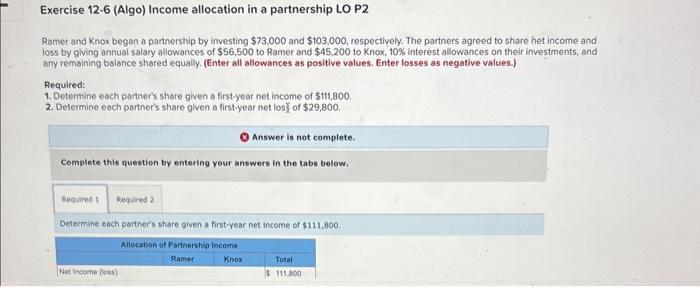 Solved Exercise 12−6 (Algo) Income allocation in a | Chegg.com