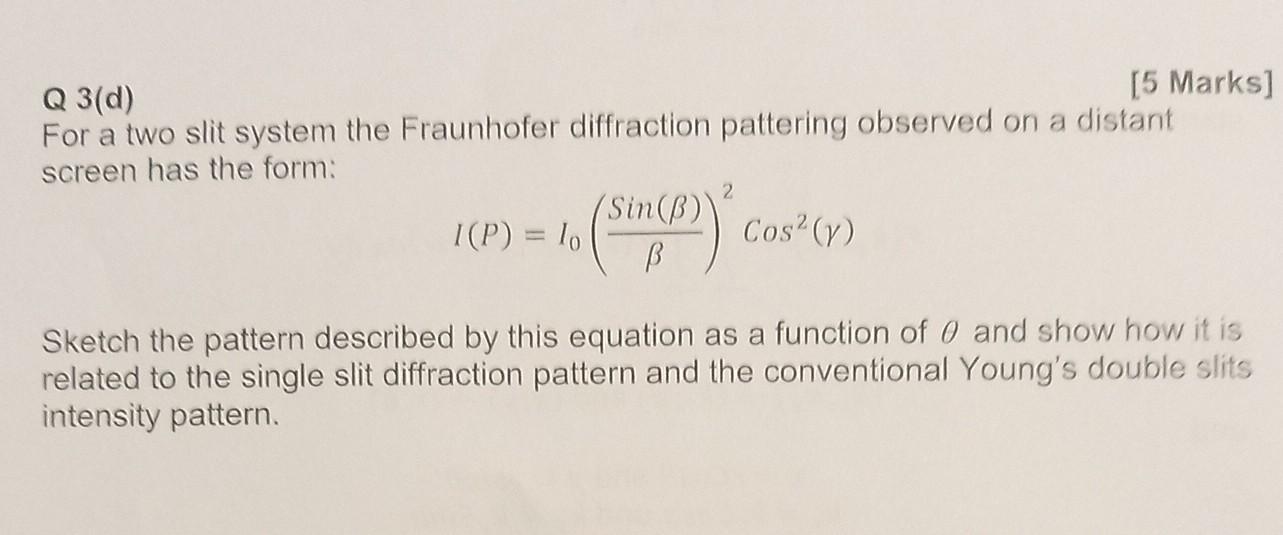 Solved Q 3(d) [5 Marks For a two slit system the Fraunhofer | Chegg.com