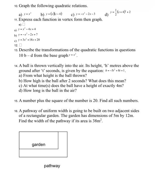 Solved 10. Graph the following quadratic relations. a) y=x2 | Chegg.com
