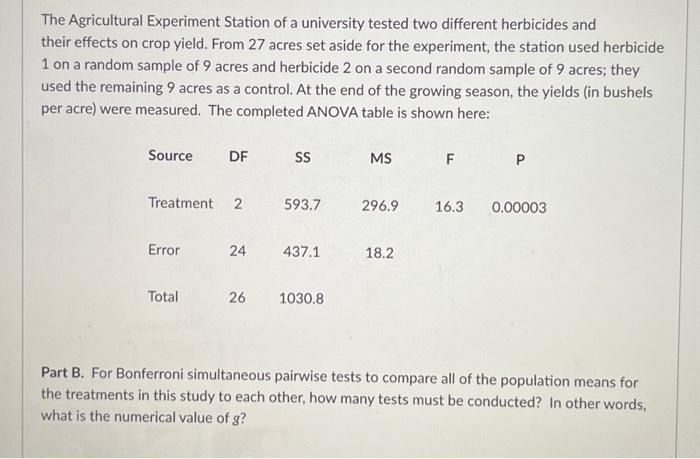 Solved The Agricultural Experiment Station of a university | Chegg.com