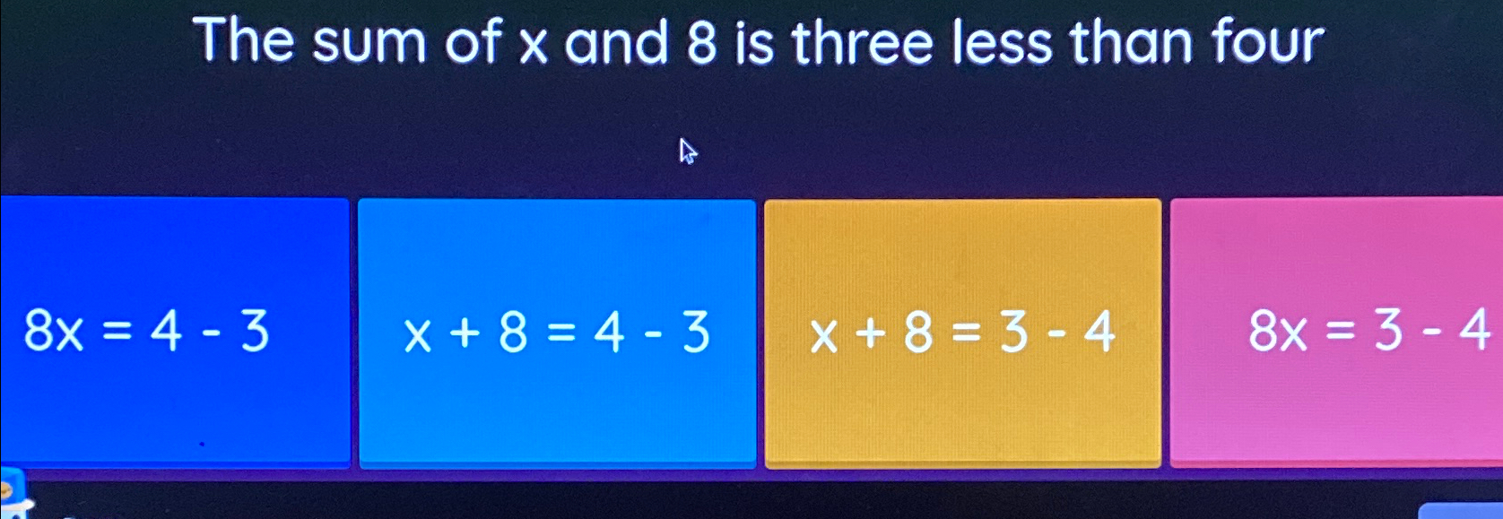 Solved The sum of x ﻿and 8 ﻿is three less than | Chegg.com