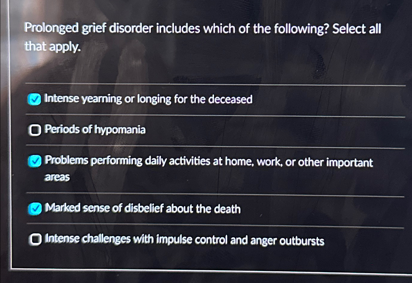 Solved Prolonged grief disorder includes which of the | Chegg.com