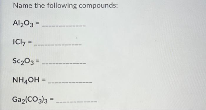 Solved Name the following compounds: Al2O3= ICl7= Sc2O3= | Chegg.com