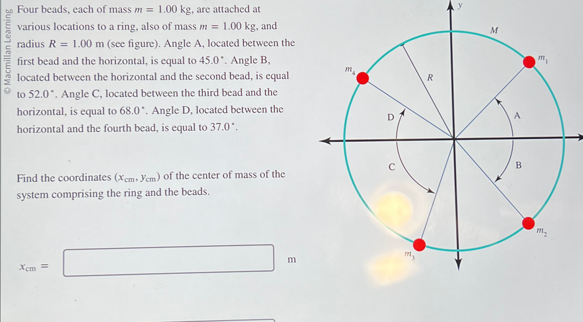 Solved Four beads, each of mass m=1.00kg, ﻿are attached at | Chegg.com