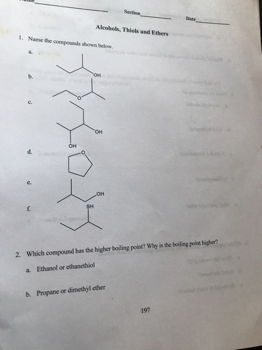 Solved Section Date Alcohols, Thiols and Ethers 1. Name the | Chegg.com