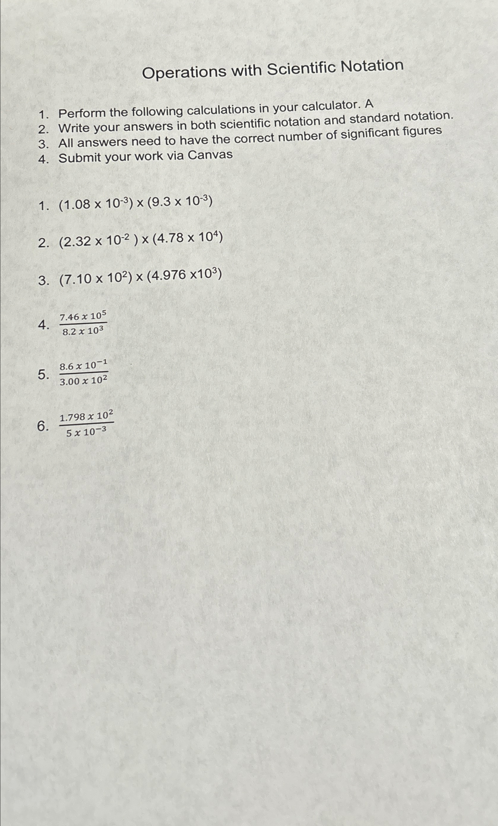 Solved Operations with Scientific NotationPerform the | Chegg.com
