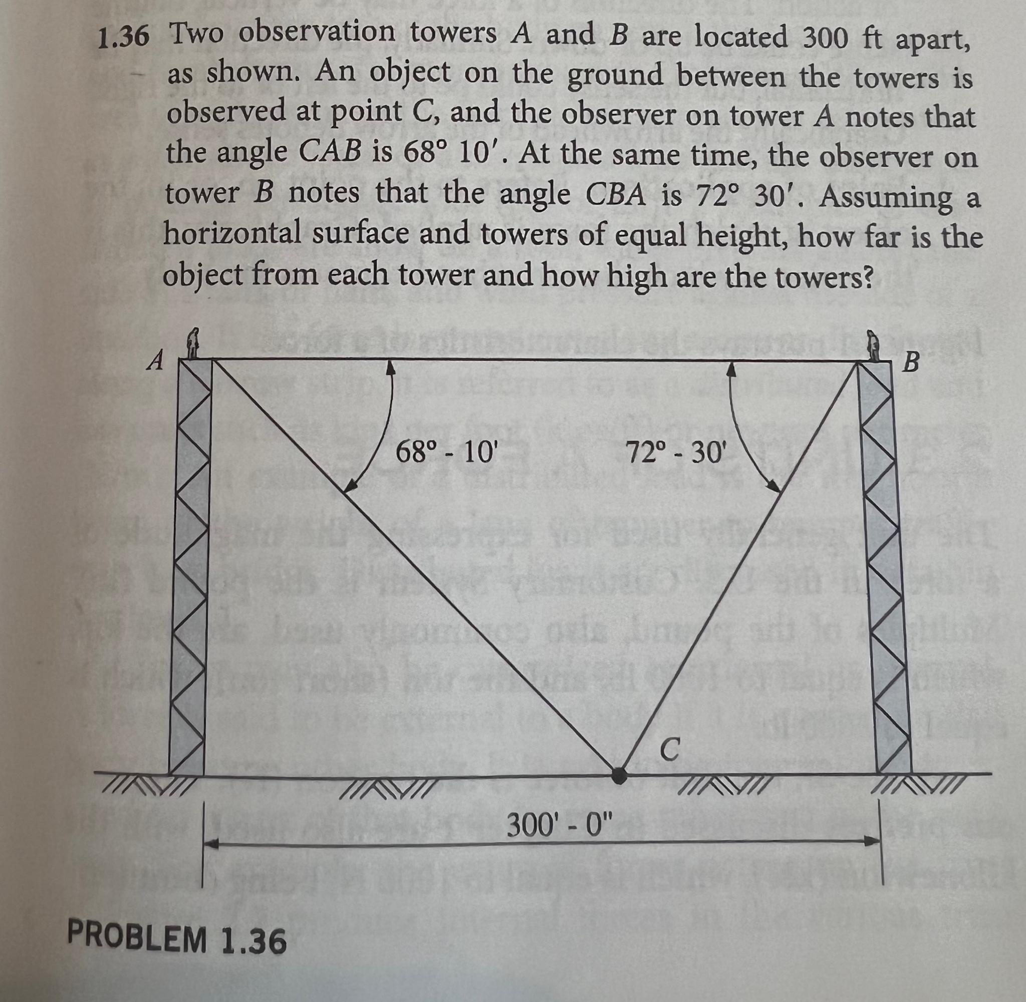 Solved 1.36 ﻿Two observation towers A and B ﻿are located | Chegg.com