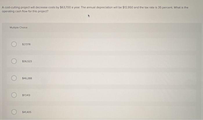 Solved A cost-cutting project will decrease costs by $63,700 | Chegg.com