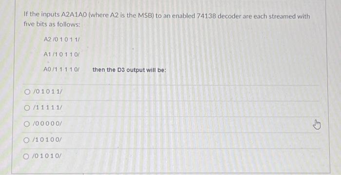 Solved If the inputs A2A1AO (where A2 is the MSB) to an | Chegg.com