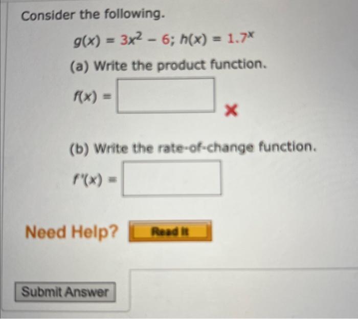 Solved Consider the following. g(x)=3x2−6;h(x)=1.7x (a) | Chegg.com