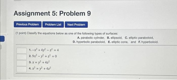 Solved 1 point) Classify the equations below as one of the | Chegg.com