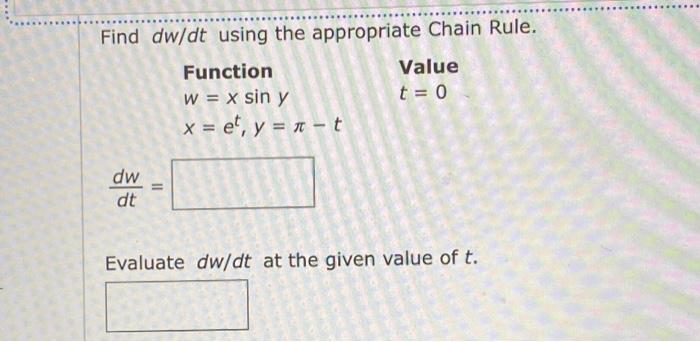 Solved Find dw/dt using the appropriate Chain Rule. Function | Chegg.com