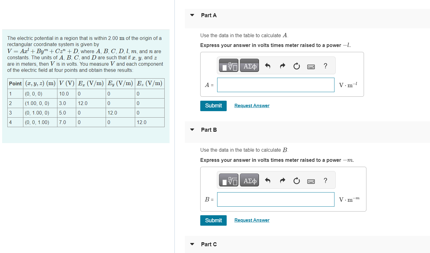 Solved Answer all parts Part AThe electric potential in a | Chegg.com