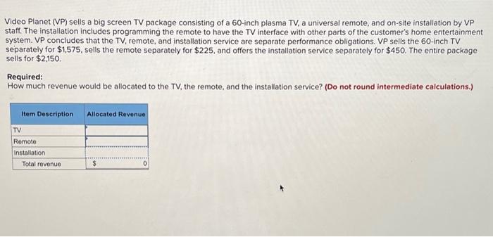 Solved Video Planet (VP) sells a big screen TV package | Chegg.com