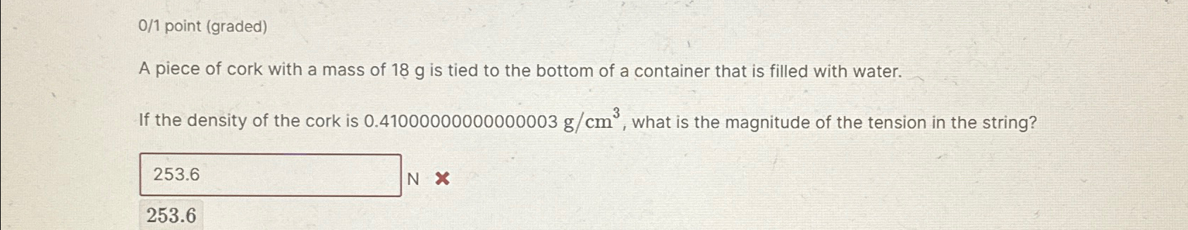 Solved 0/1 ﻿point (graded)A piece of cork with a mass of 18g | Chegg.com