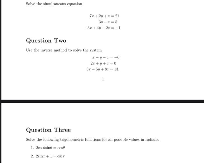 Solved Solve the simultaneous equation | Chegg.com