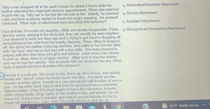 Solved A. Ambivalent/Resistant Attachment Toby's was dropped | Chegg.com