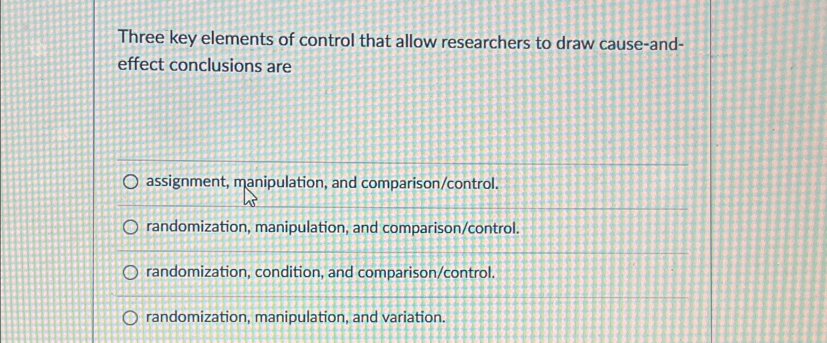 Solved Three key elements of control that allow researchers | Chegg.com