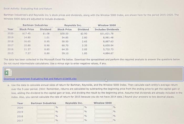 Solved Excel Activity: Evaluating Risk and Return Bartman | Chegg.com