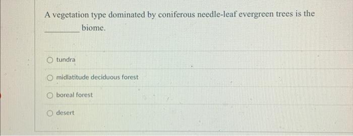 Solved A vegetation type dominated by coniferous needle-leaf | Chegg.com