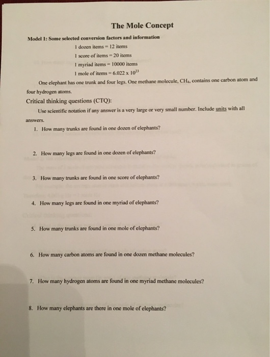 Solved The Mole Concept Model 1: Some selected conversion | Chegg.com