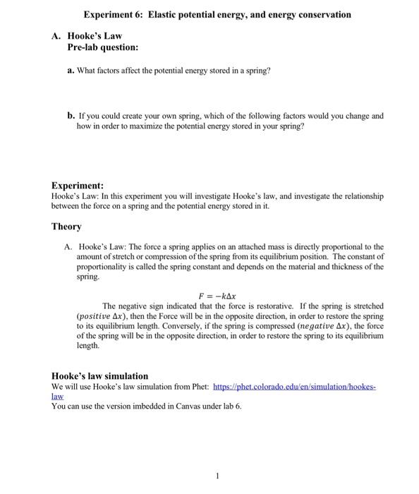 Solved Experiment 6: Elastic potential energy, and energy | Chegg.com