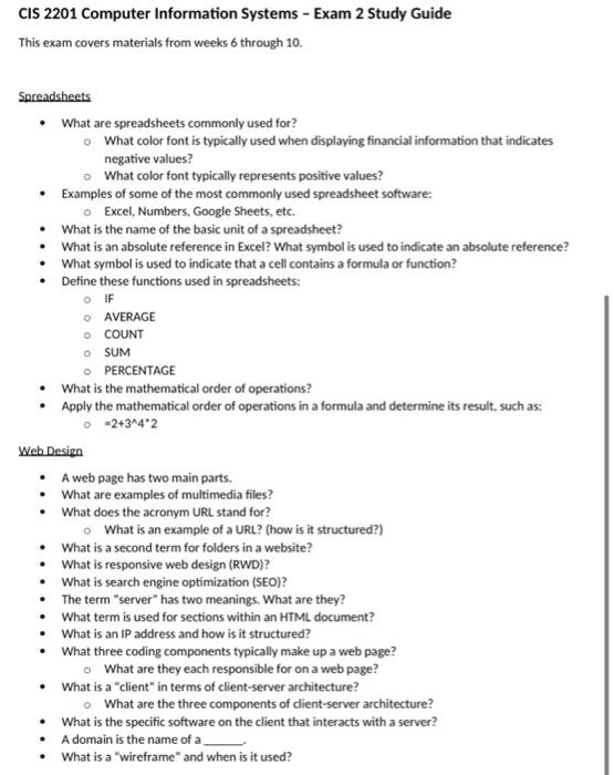 Solved CIS 2201 Computer Information Systems - Exam 2 Study | Chegg.com