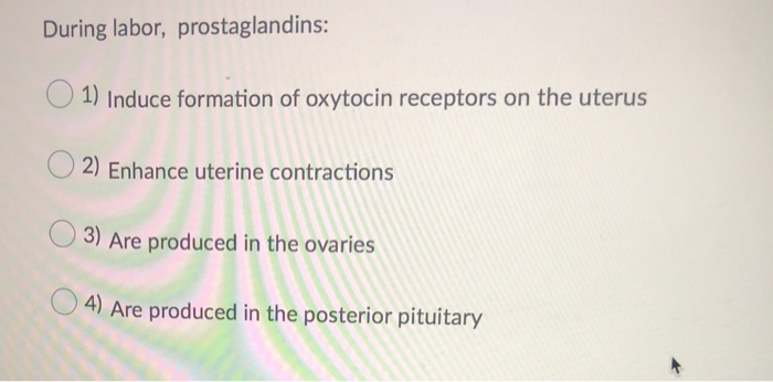 Solved During labor, prostaglandins: 1) Induce formation of | Chegg.com