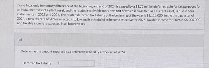 Solved Crane Inc's only temporary difference at the | Chegg.com
