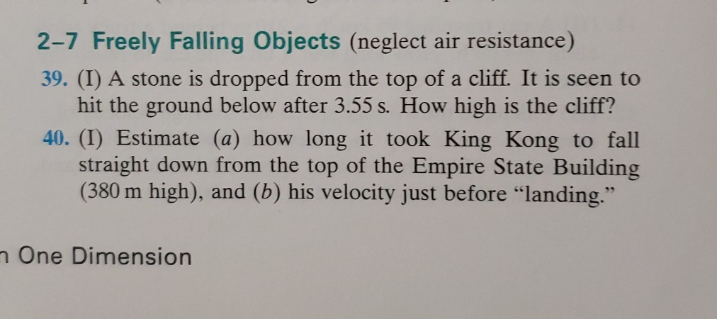 Solved 2-7 Freely Falling Objects (neglect air resistance) | Chegg.com