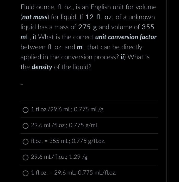 Solved Fluid ounce, fl. oz., is an English unit for volume | Chegg.com