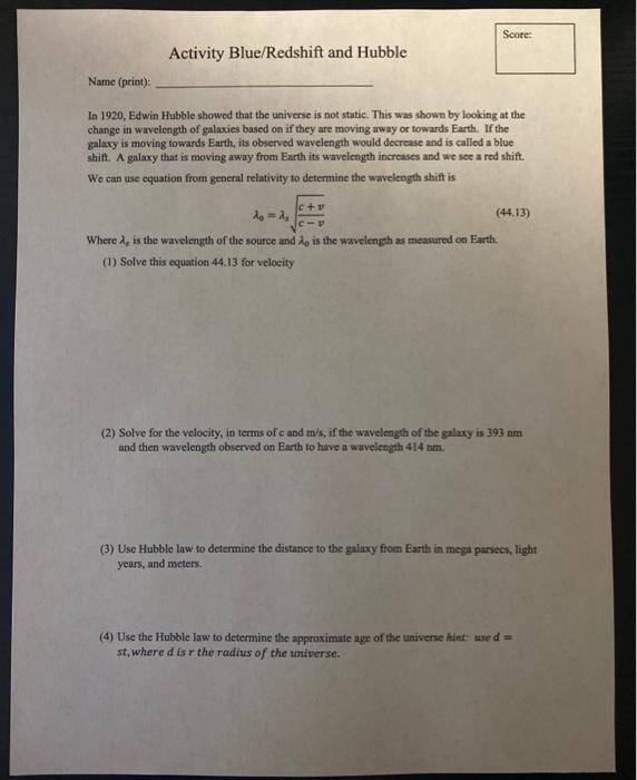 Solved Score: Activity Blue/Redshift and Hubble Name | Chegg.com