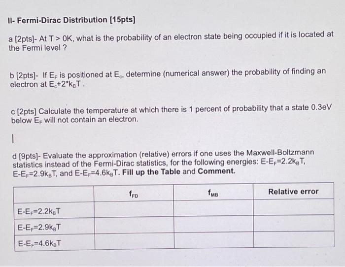 Solved II- Fermi-Dirac Distribution [15pts] a [2pts]- At T > | Chegg.com