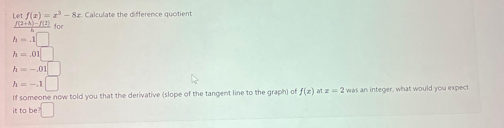 Solved Let f(x)=x3-8x. ﻿Calculate the difference quotient | Chegg.com