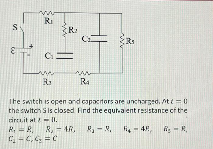 Solved The switch is open and capacitors are uncharged. At | Chegg.com