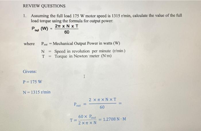 Solved 1. Assuming the full load 175 W motor speed is | Chegg.com