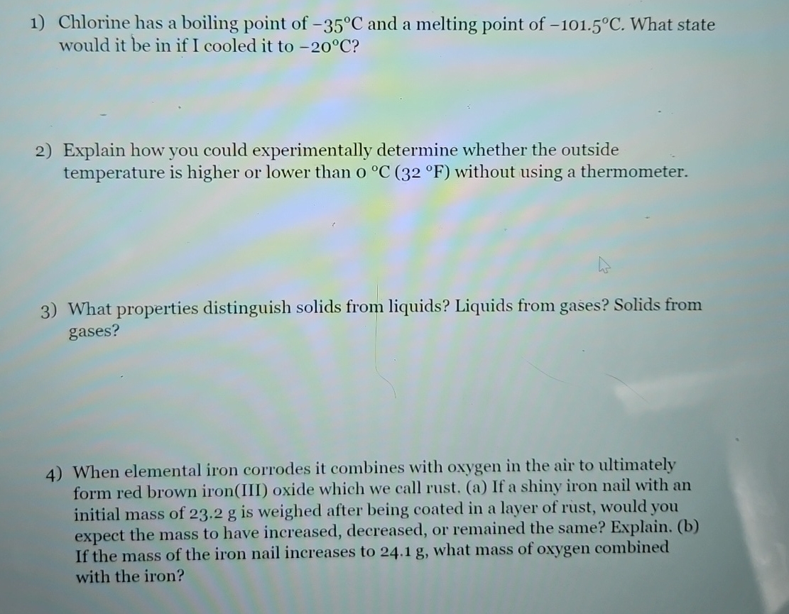 Solved Chlorine has a boiling point of -35°C ﻿and a melting | Chegg.com
