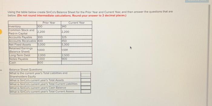 Solved Using the table below create SinCo's Balance Sheet | Chegg.com