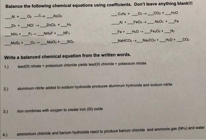 Solved Balance the following chemical equations using | Chegg.com