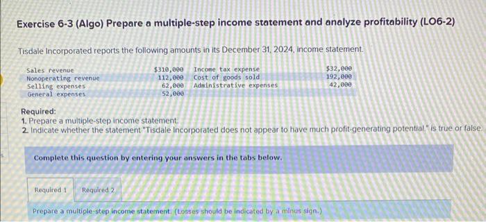 Solved Exercise 6-3 (Algo) Prepare a multiple-step income | Chegg.com