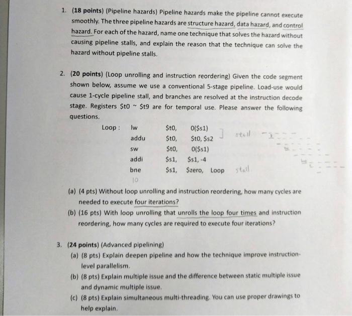 Solved 1. (18 points) (Pipeline hazards) Pipeline hazards | Chegg.com