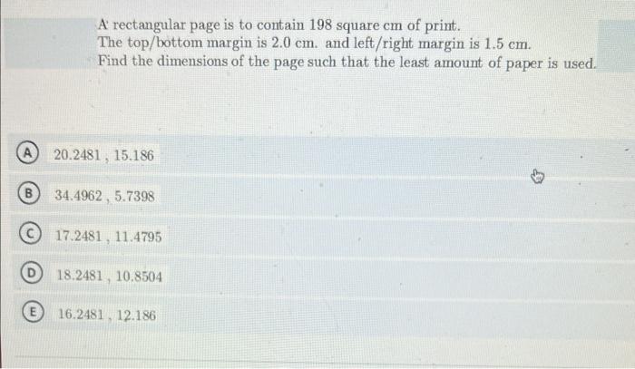 Solved A' rectangular page is to contain 198 square cm of | Chegg.com