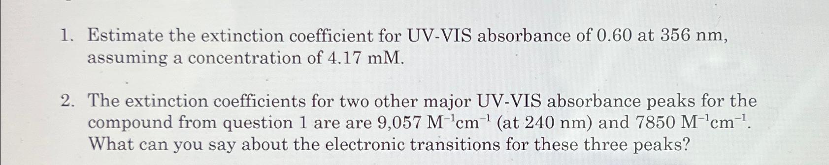 Solved Estimate the extinction coefficient for UV-VIS | Chegg.com