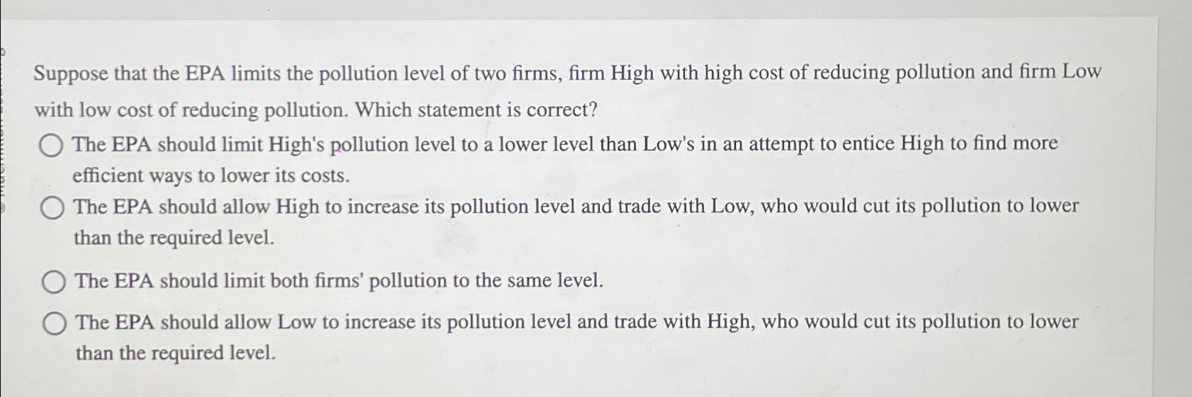 Solved Suppose that the EPA limits the pollution level of | Chegg.com