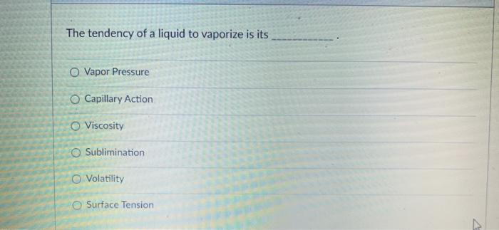 Solved The tendency of a liquid to vaporize is its O Vapor | Chegg.com