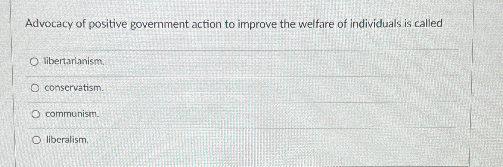 Solved Advocacy of positive government action to improve the | Chegg.com